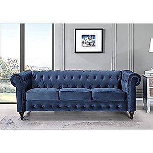 US Pride Furniture Feinstein Modern Velvet Living Room 82.3’ Wide Sofa, Dark Blue