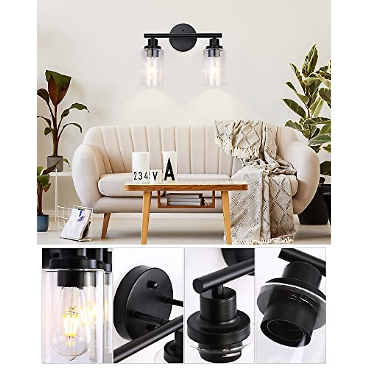 Bathroom Vanity Light,2 Light Black Bathroom Light Fixtures,Vanity Lights for Bathroom,Modern Wall Sconces with Clear Glass Shade,Bathroom Lamp,for Bathroom Vanity Bedroom Farmhouse Living Room
