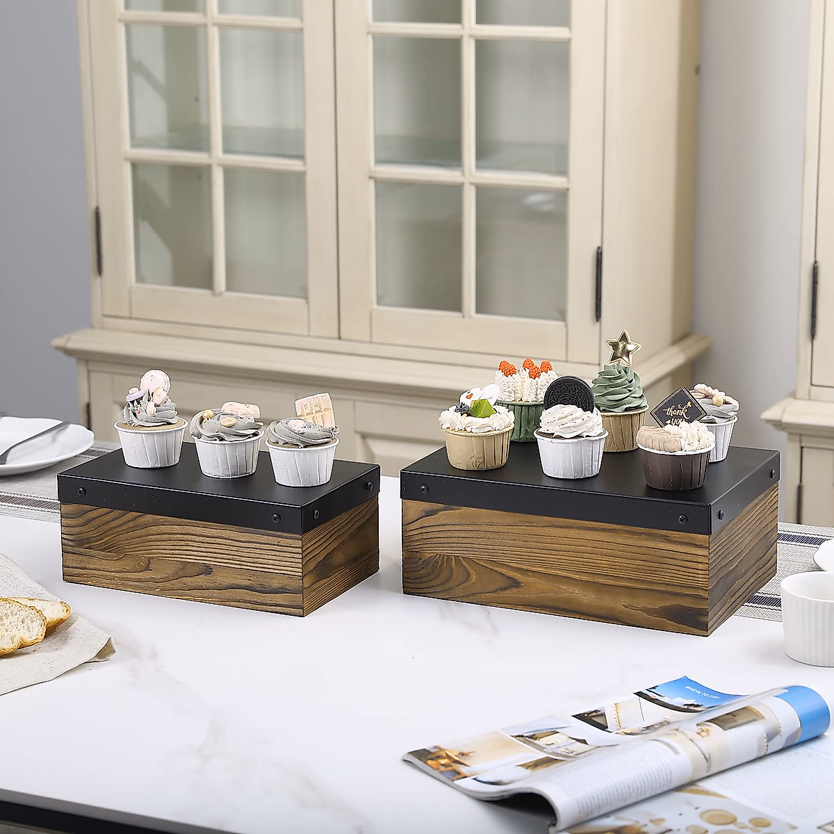 MyGift Solid Burnt Wood Cupcake Holder Cake Stand with Black Metal Top, Decorative Buffet Desserts and Appetizer Server Display Riser, Set of 2