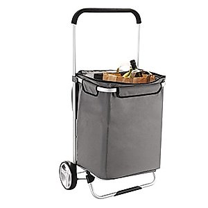 Homz 4670013 2 Large Wheels Fabric Euro Tote Aluminum Framed Storage Portable Foldable Gray Organizer Shopping Grocery Cart with Heavy Duty Polyester Bag, Large