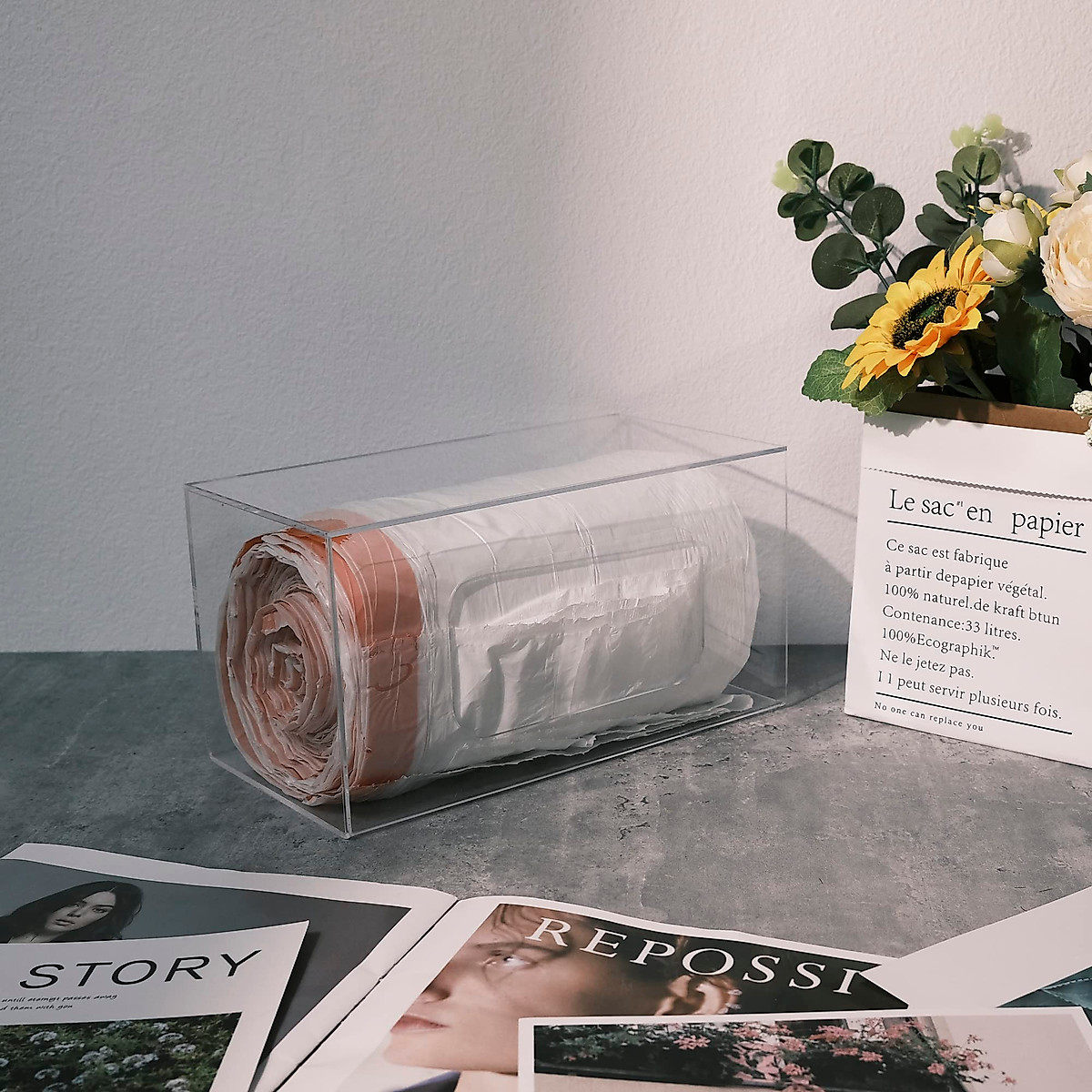 SEANADO Trash Bag Dispenser Roll Holder, Wall Mount Acrylic Kitchen Organizer Storage Box Holder for Garbage Bag Grocery Bag Plastic Shopping Bag Roll Container (10.4 x 5.5 x 5.5 inches)