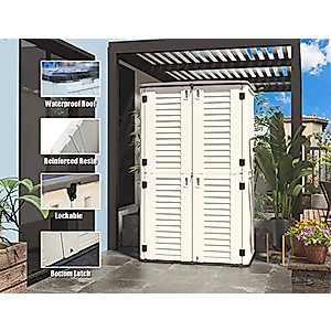 ADDOK Outdoor Storage Cabinet Waterproof,Outdoor Storage Sheds with Floor, Double-Layer Storage Shed for Patios/Generator/Long-Handled Tools (Off-White/52 Cu.Ft)