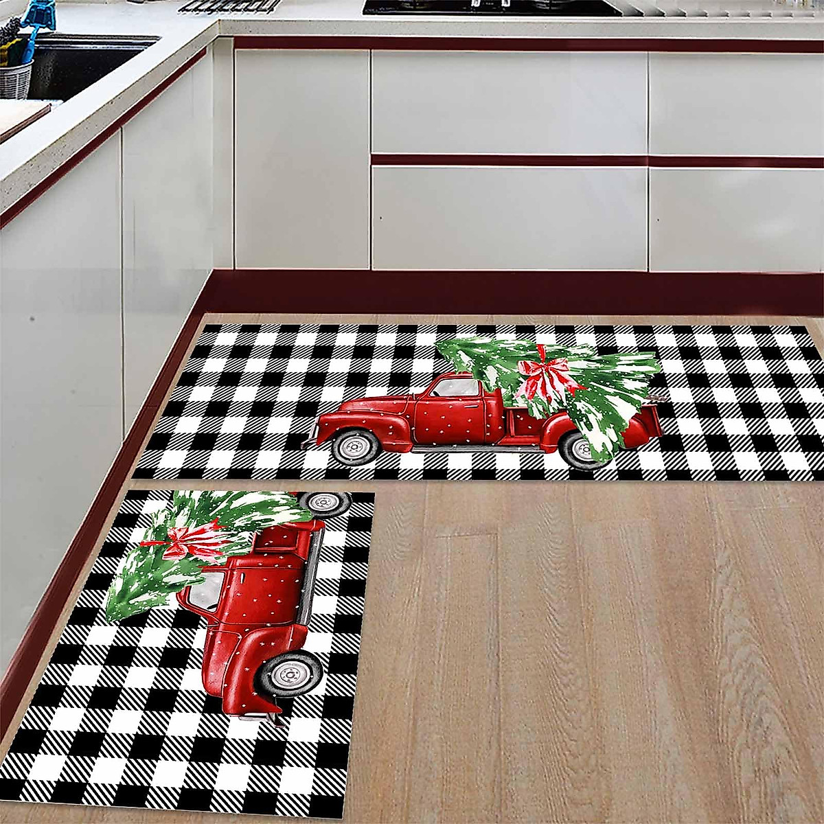 Christmas Kitchen Rugs and Mats 2 PCS Red Truck Xmas Tree Black White Buffalo Check Kitchen Mats for Floor, Farmhouse Non-Slip Rugs with Runner for Kitchen,Office,Sink,Laundry 15.7"x23.6"+15.7"x47.2"