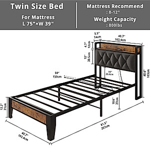 ANCTOR Twin Bed Frames, Storage Headboard with Outlets, Easy to Install, Sturdy and Stable, No Noise, No Box Springs Needed - Perfect for a Good Night's Sleep
