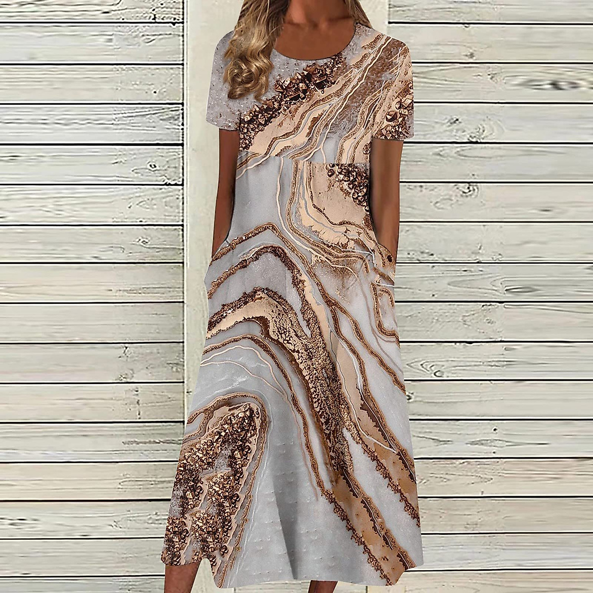 Sage Green Dress for Women, V Neck Dress Women Italian Linen Dress Tie Dye Dresss Casual Women's Summer Fashion Printed Short Sleeve Round Neck Pocket Dress Curvy Floral Maxi (XL, Khaki)