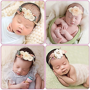 VOBOBE Baby Girl Nylon Headbands Infant Flower Elastic Hair band Bows Wraps For Newborn Toddler Hair Accessories Pack of 3 (A-Beige)