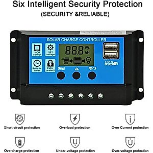 Jtron Solar Charge Controller, Charge Controllers for Solar Panel Battery Intelligent Regulator with Dual USB Port 12V/24V Auto Paremeter Multi-Function Adjustable LCD Display (YJSS-10A)
