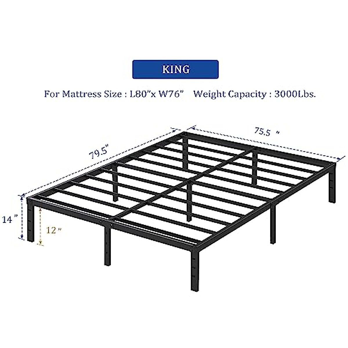 YUSENHEEI 14 Inch King Size Bed Frame, No Box Spring Needed, Heavy Duty Metal Platform Bed Frame with Large Underbed Storage Space, Noise Free, Easy Assembly, Black
