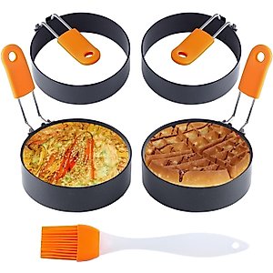 Large Egg Ring 3.5 Inches 4 PCS - Egg Rings for Frying with Oil Brush, Fried Egg Mold Egg Mcmuffins Makers Omelet Pancake Cookie Makers
