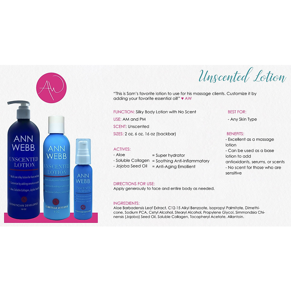 Ann Webb Unscented Lotion for Dry Skin- Fragrance Free, Hypoallergenic, Organic, All-Natural, Non-Greasy Lotion for Sensitive, Dry Skin - Face & Body Lotion - Formerly Skin Lotion 16oz