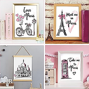 4 Pieces Paris Wall Art Prints, Pink Eiffel Tower Telephone Booth Romantic Paris Theme Room Unframed Art Poster Decor for Girls Living Room Bedroom Bathroom Kitchen Office Decor, 8 x 10 Inch