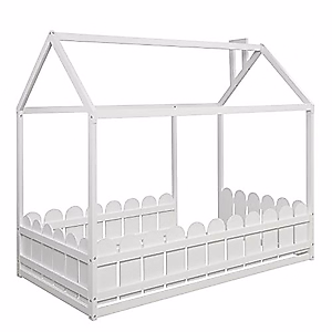 Merax Twin Size House Bed Frames Platform Bed with Fence for Boys or Girls, Box Spring Needed(Slats Kit Not Included), White