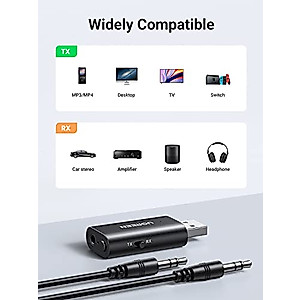 UGREEN Bluetooth 5.1 Transmitter Receiver 2 in 1 Wireless USB Bluetooth Adapter Built-in Microphone 3.5mm Audio Bluetooth Dongle Driver Free for TV, Home Stereo, Car Stereo, Headphones, Speakers, PC