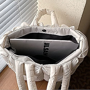 Lightweight Puffer Tote Purse Quilted Women Luxury Handbag Soft Shoulder Bag (White)