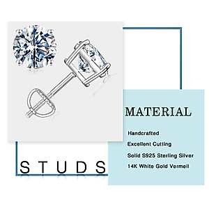 MOOSEA Moissanite Earrings for Women, 1ct D Color VVS1 Clarity Lab Created Moissanite Stud Earrings 14K White Gold Vermeil 4 Prong Moissanite Stud Earrings for Women Men with Screw Backs