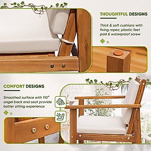 Flamaker Patio Chairs 3 Piece Acacia Wood Patio Furniture with Coffee Table & Cushions Outdoor Conversation Set Balcony Chairs for Porch, Deck, Backyard