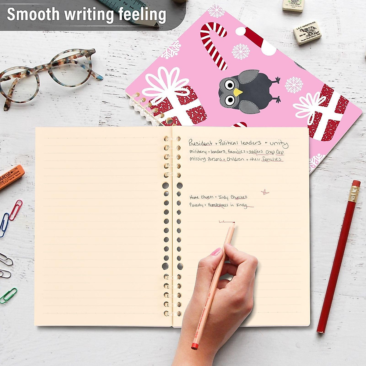 SPRIPORT Christmas Owls Pink Spiral Journal Notebook for Women Men A5 Memo Notepad Sketchbook with Durable Hardcover & 60 Pages Writing Journal for Journaling Boys Grils Study Notes Work School