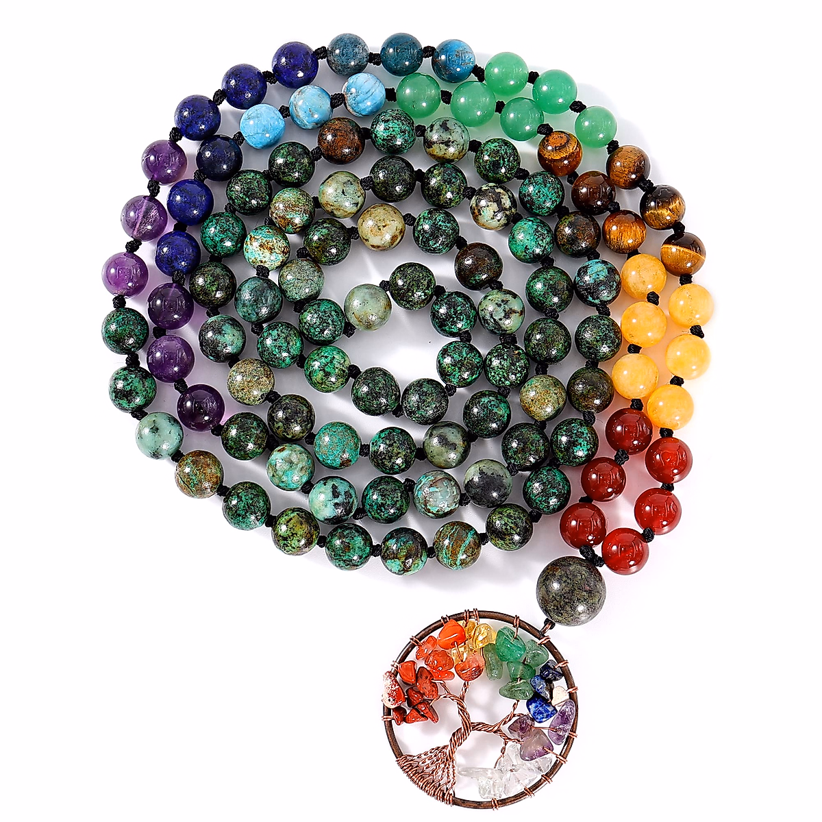 Bivei 108 Mala Beads Necklace Tree of Life 7 Chakra Wrap Bracelet Real Healing Gemstone Yoga Meditation Hand Knotted Mala Prayer Bead Necklace(African Turquoise 8mm)