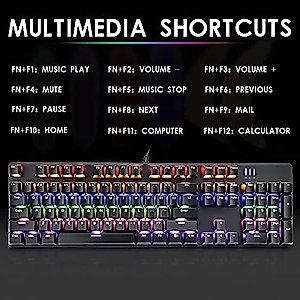 Alkem Mechanical Gaming Keyboard with Rainbow Backlit 104 Keys Gaming Keyboard USB Wired Keyboard with Blue Switch Anti-Ghosting Full Size Keyboard for Windows PC MAC Games (Black)