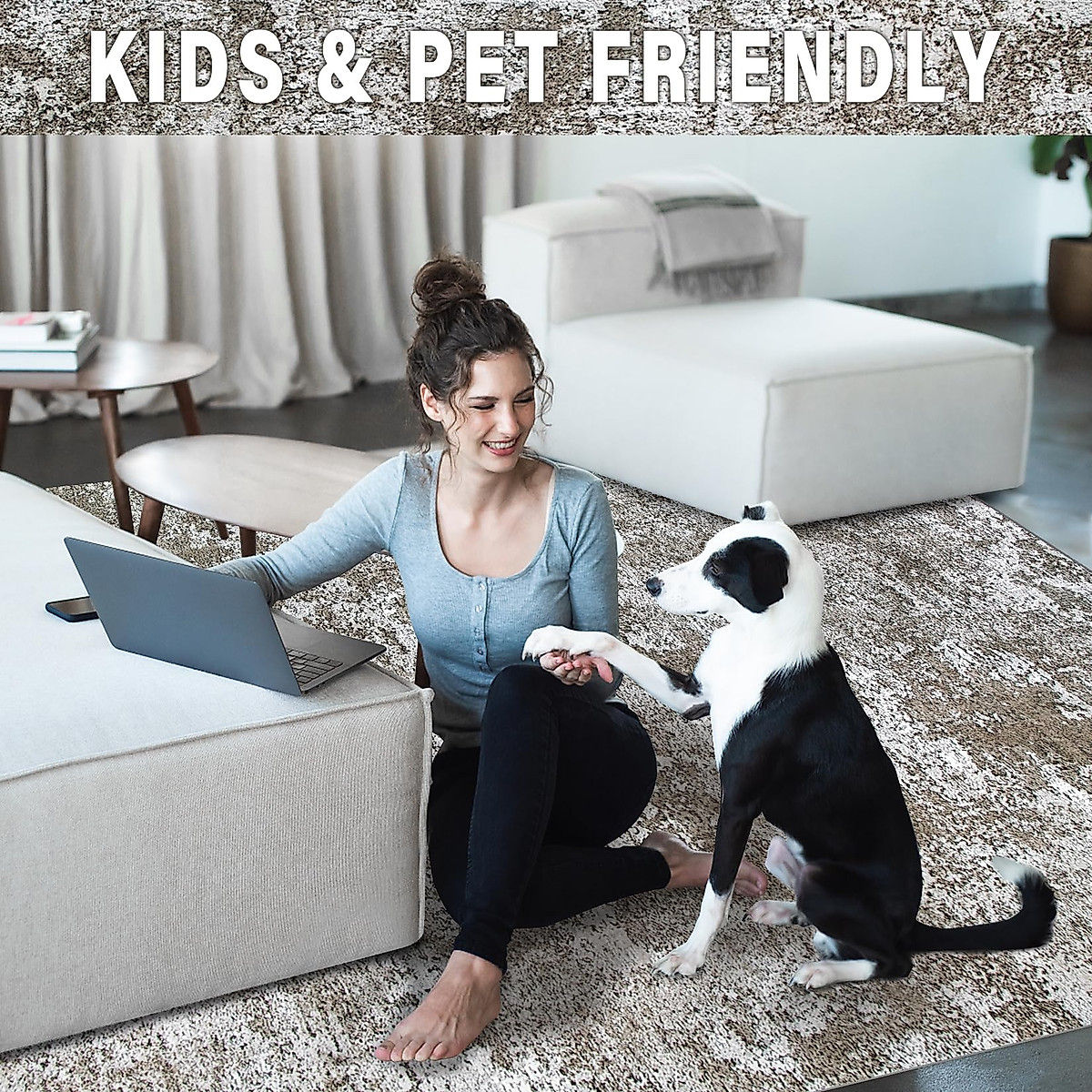 8x10 Area Rugs for Living Room: Large Machine Washable Area Rug with Non Slip Backing Non Shedding Abstract Stain Resistant Carpet for Bedroom Dining Room Nursery Home Office - Beige