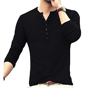 YTD Mens Casual Slim Fit Basic Henley Long Sleeve Fashion T-Shirt XL Black
