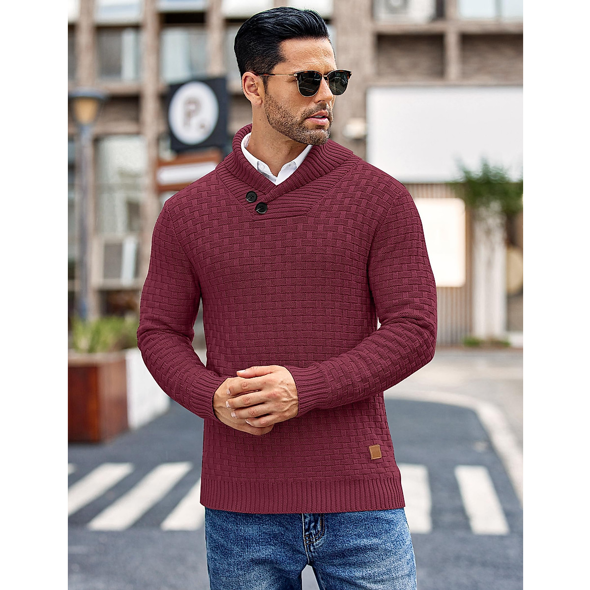 COOFANDY Men's Shawl Collar Sweaters V-Neck Relaxed Fit Basket Knitted Pullovers Wine Red