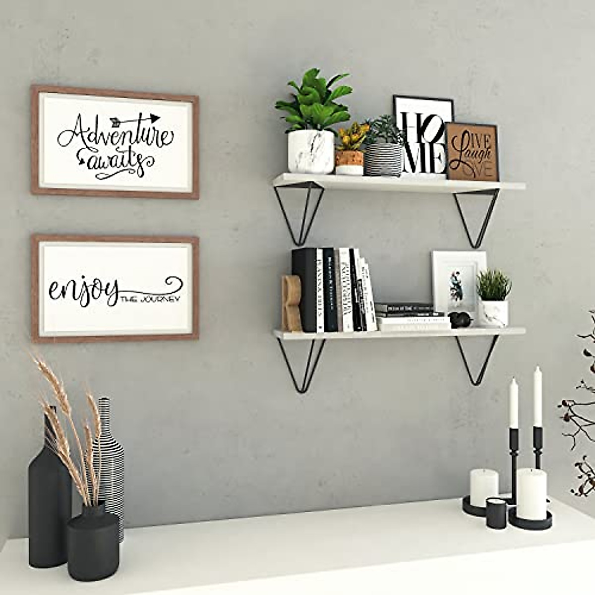 Wallniture Colmar White Floating Shelves for Wall Storage, Bathroom Shelves Wall Mounted Set of 2, 24 Inch Wood Geometric Triangle Shelf