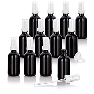 JUVITUS 2 oz Black Glass Luxury Boston Round Bottle White Treatment Pump (12 Pack) + Funnel
