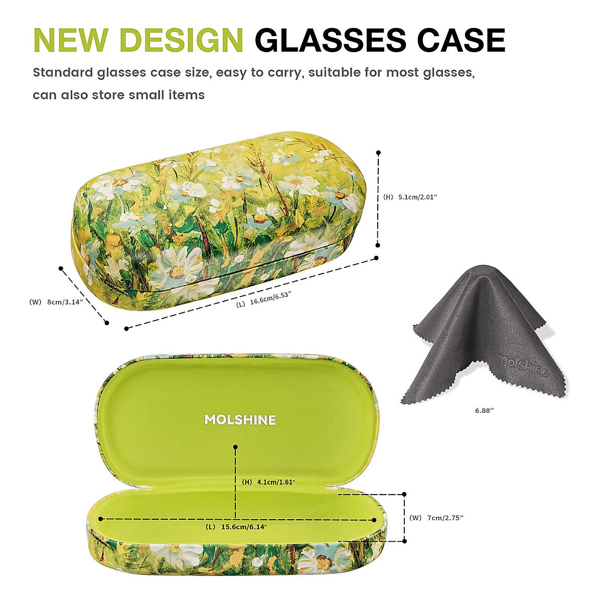 molshine Hard Shell Leather Sunglasses Case,Classic Large Glasses Case for Women Men,Sunglass Eyeglasses (Green Daisy)
