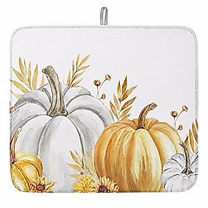 Autumn Farm Pumpkins Dish Drying Mat for Kitchen Counter, Sunflowers and Vegetable Water Absorbent Microfiber Dishes Drainer Mats Reversible Pad Coffee Bar Tableware Pads 16"x18" Fall Harvest