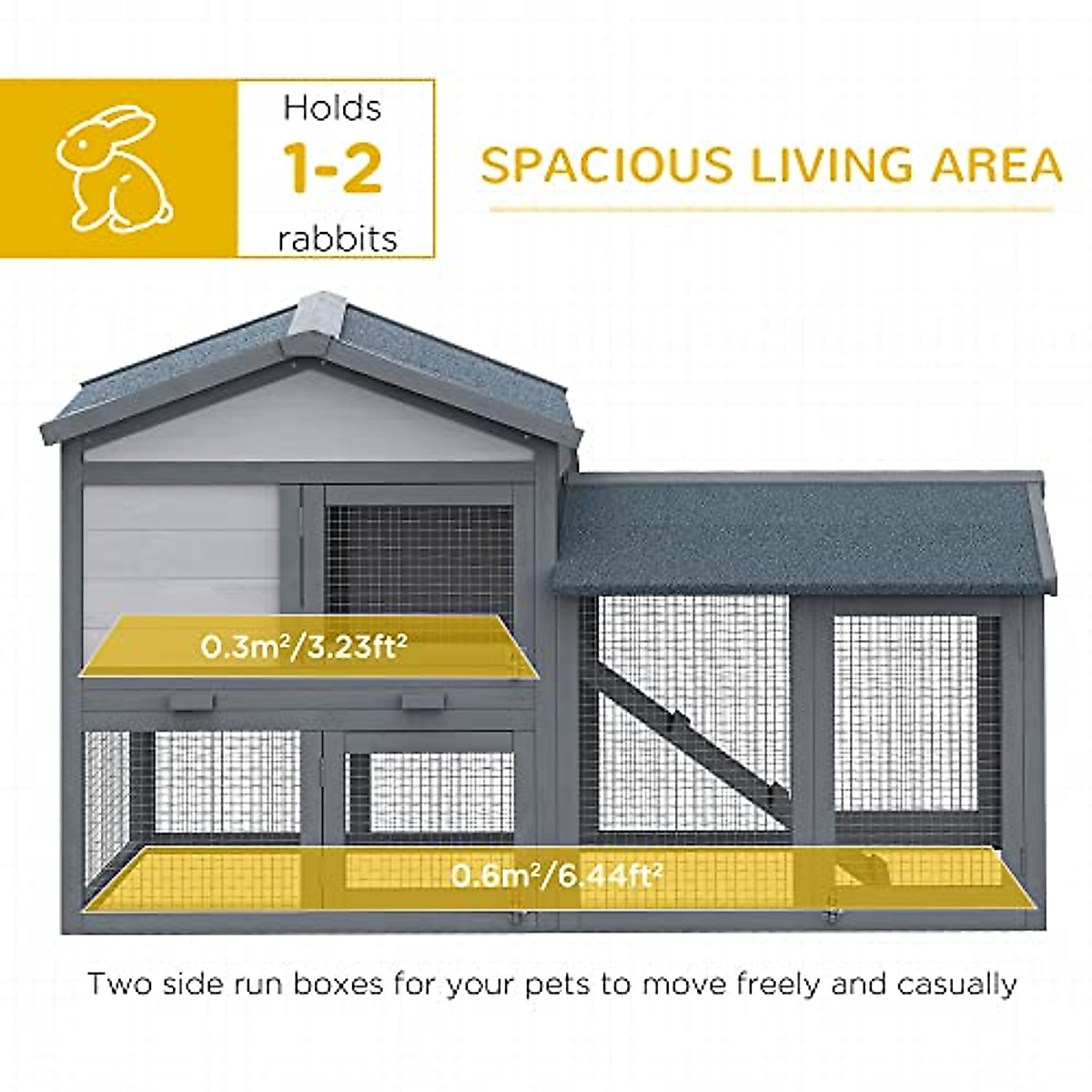 PawHut Rabbit Hutch, Wooden Bunny Hutch, Guinea Pig Cage, Small Animal Enclosure with Run Area, Removable Tray, Asphalt Roof, Lockable Doors and Ramp, Gray