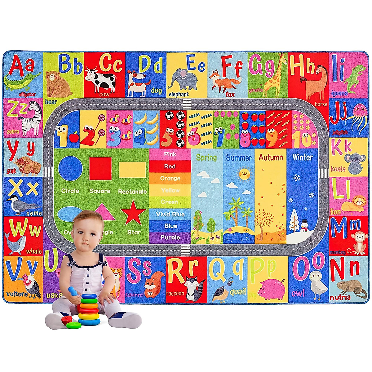 Toastmark Non-Slip ABC Rug for Fun Learning - 5X3 Feet - Polyester - Kids Rugs for Playroom with Alphabet, Numbers, Animal Seasons and Shapes - Multi-Color
