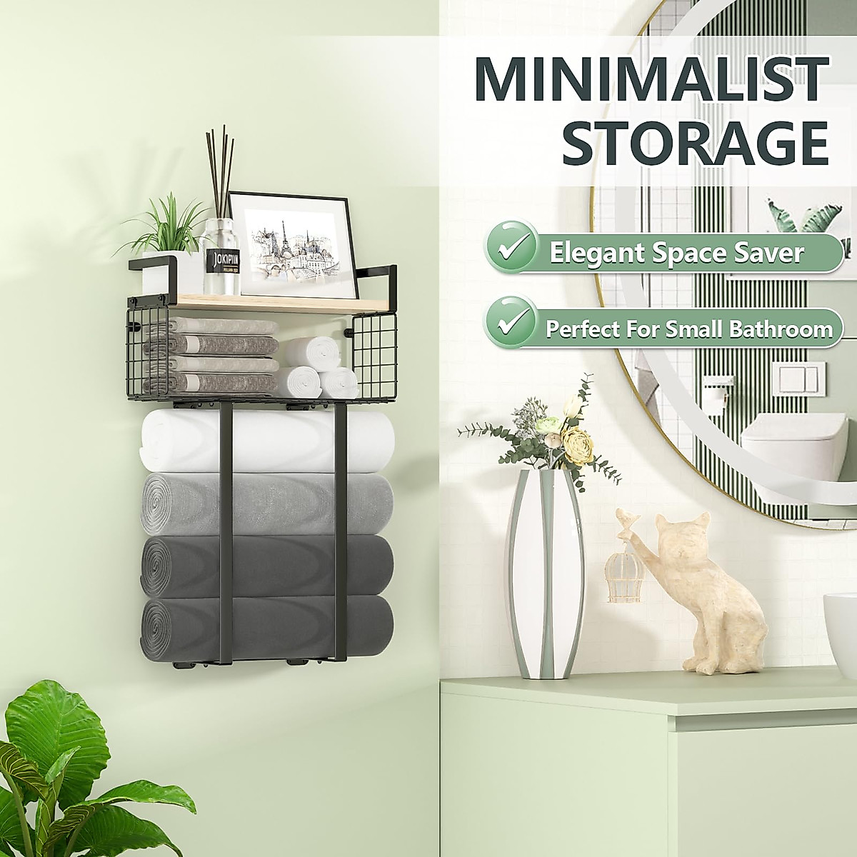 Towel Racks for Bathroom, Metal Towel Holder with Storage Basket,Wall Towel Rack for Rolled Towels, Towel Storage for Small Bathroom,Bathroom Shelves.