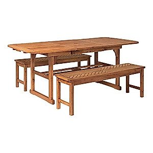 Walker Edison 6-8 Person Outdoor Wood Chevron Patio Furniture Dining Set Extendable Table Bench All Weather Backyard Conversation Garden Poolside Balcony, 3 Piece, Brown