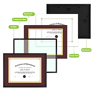 Golden State Art, 11x14 Aluminum Picture Frame with mat for 8.5x11 Photo, Document & Certificates - Sawtooth Hangers - Wall Mounting - Real Glass(Black with Red/Gold Double Mat, Set of 1)