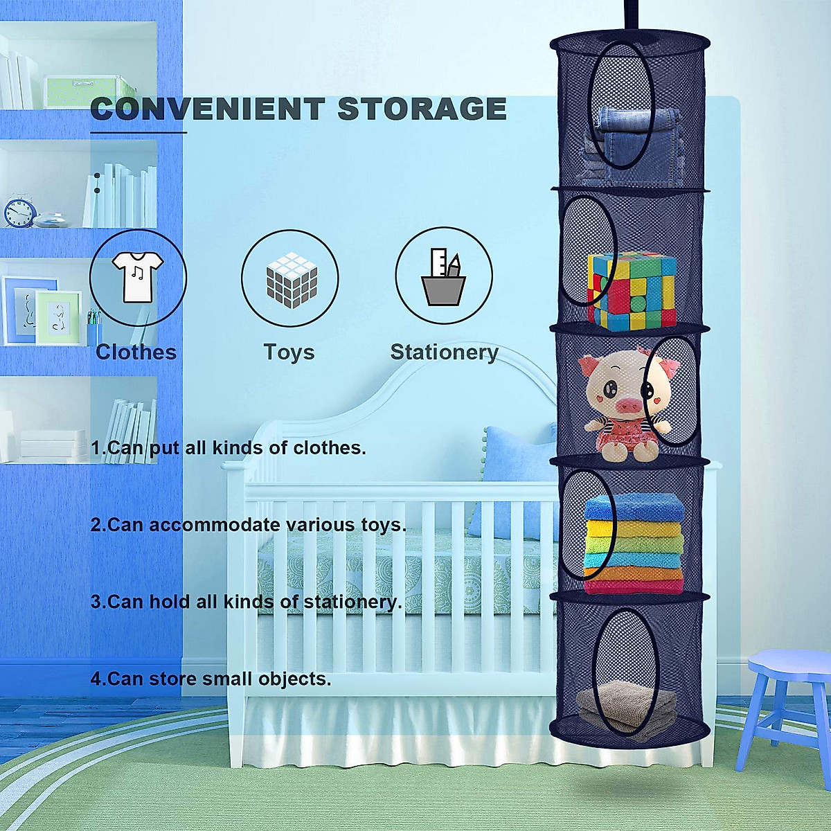 Libeder Stuffed Animal Storage Mesh Hanging Storage Space Saver Bags Organizer,Foldable Storage Organizer 5 Compartments Toy Storage Basket for Kids Room Bathroom 2 Sets Navy Blue