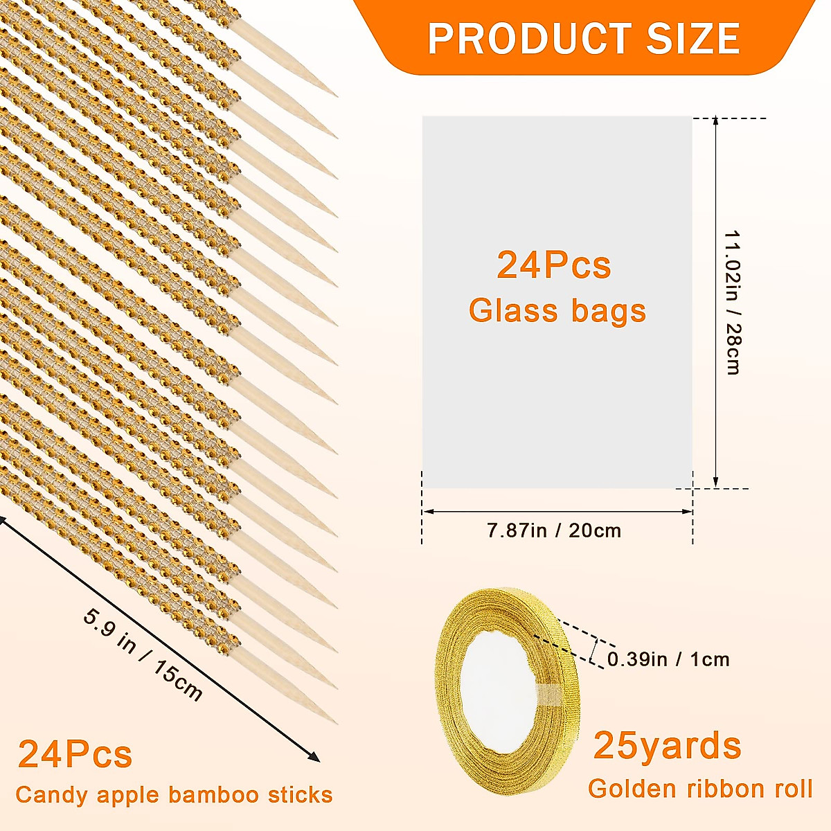 Anglecai 24Pcs Candy Apple Bamboo Stick Kit, 24P Bling Stick for Apple Rhinestone Wooden Skewers, with 24P Bags, 1P 25 Yard Glitter Ribbon, Bling Stick for Caramel Apple Lollipop Crispy Treat