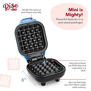 Rise by DASH Mini Waffle maker non stick surface cooks in minutes 4 inch waffles (Blue), Blue/Red