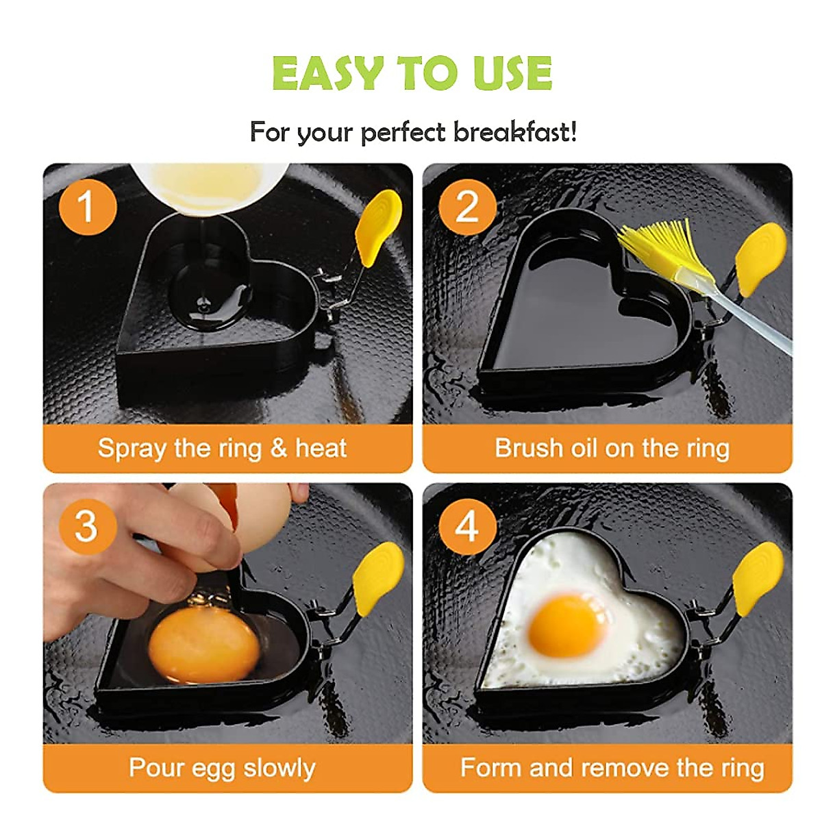 4 Pack Non Stick Egg Rings for Griddle, Egg Ring Mold for Frying Eggs Mcmuffins, Stainless Steel Egg Cooking Rings with Anti-scald Handle, Oil Brush, for Perfect Pancake, Sandwich (4 Shapes)