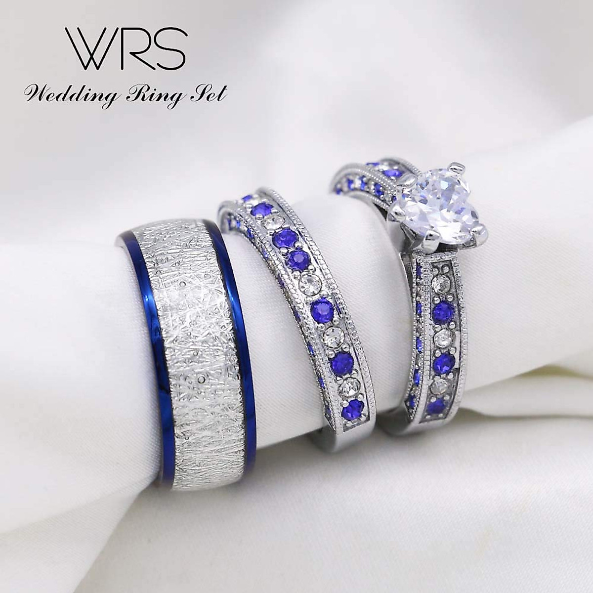 Two Rings His Hers Wedding Ring Sets Couples Matching Rings Women's 2pc White Gold Filled Heart CZ Wedding Engagement Ring Bridal Sets Men's Stainless Steel Wedding Band