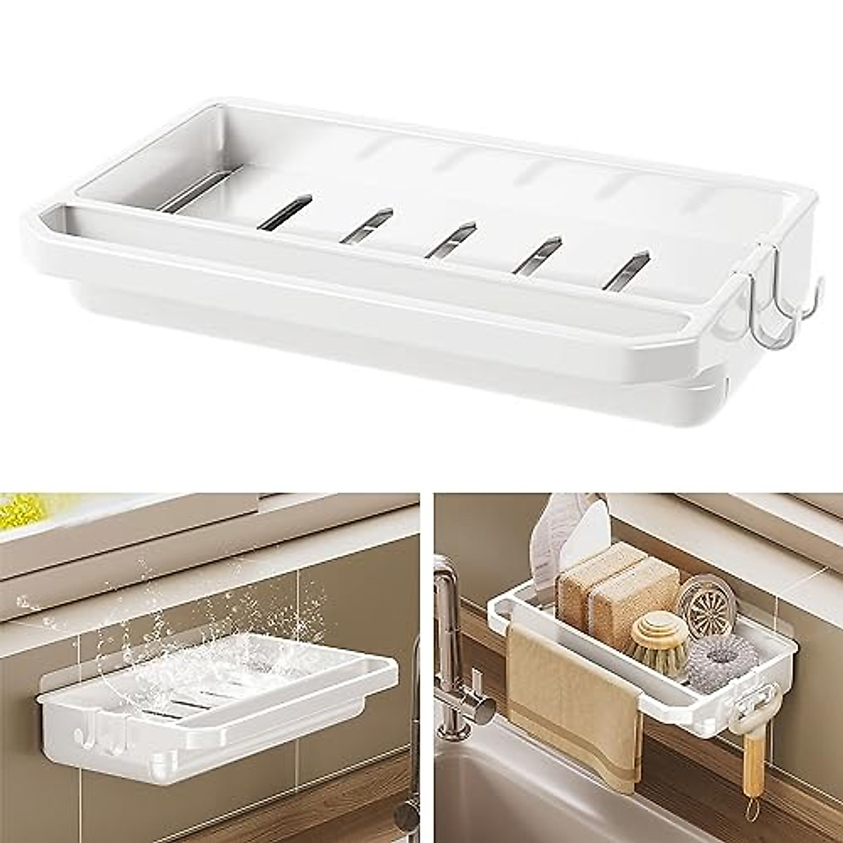 ZYLLZY Kitchen Storage Drain Rack, Kitchen Storage Drain Rack with 2 Hanging Hook No Punching Rag Washing Cloth Faucet Wall Mounted Holder, Faucet Sponge Holder Kitchen Sink Caddy Organizer (White)