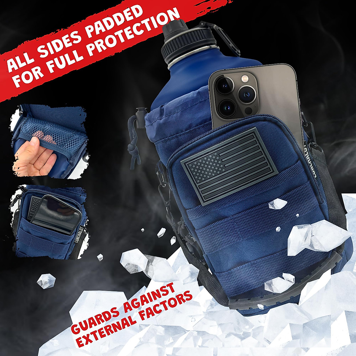 LUNCHALOT 1 Gallon Water Bottle Jug - 128 Oz Insulated Stainless Steel Metal Water Bottle with Holder - Carrying Bag - Spout Handle - Straw Lids - Keep Cold & Hot - Blue Tactical Flask