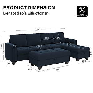 Belffin Velvet Convertible 4-Seat Sectional Sofa with Reversible Chaise L Shaped Sofa Couch Furniture Sets Sectional Couch with Storage Ottoman Blue