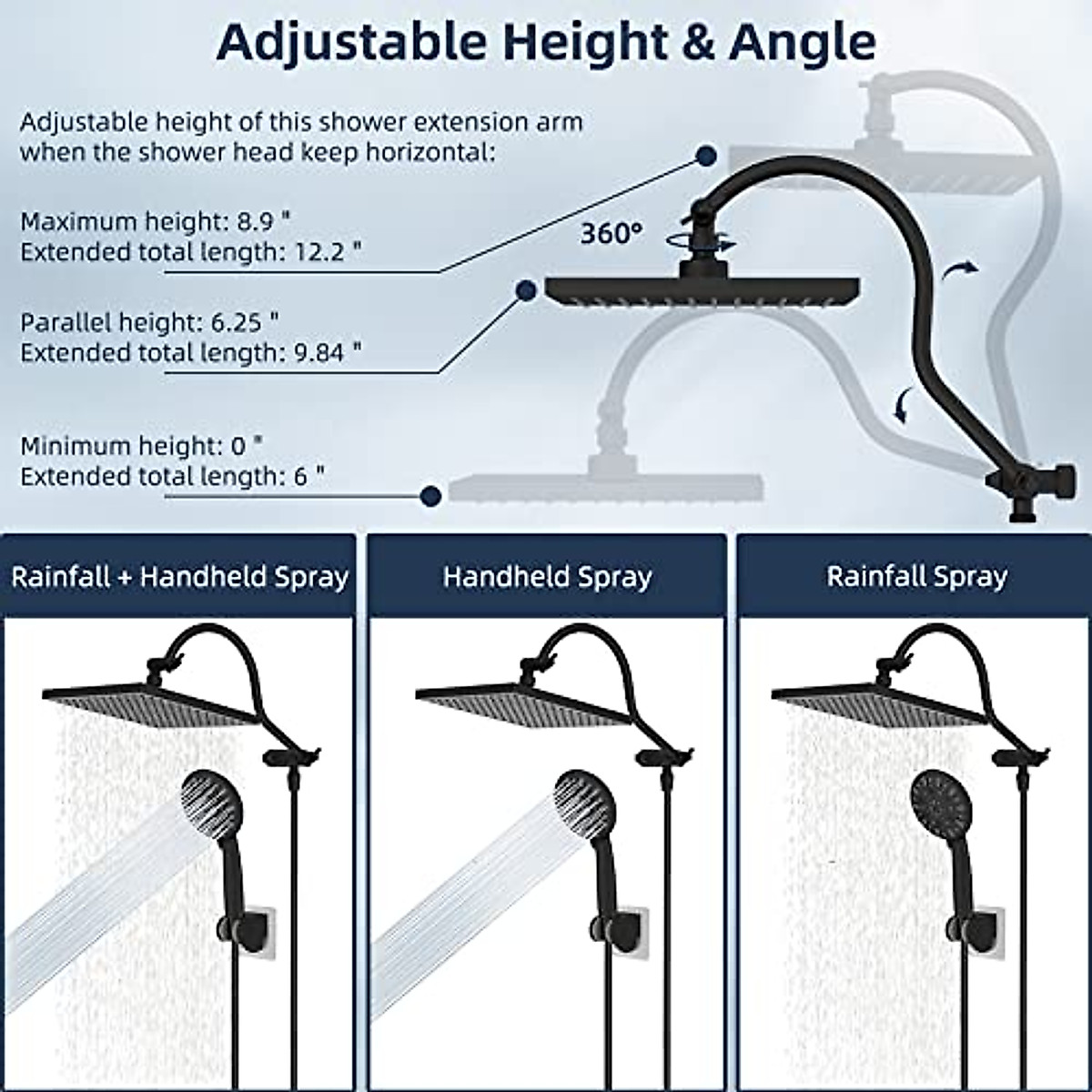 Hibbent 10 Inch High Pressure Rainfall Shower Head/Handheld Showerhead Combo with 12 Inch Adjustable Curved Shower Extension Arm,7-Spray,71-inch Hose Adhesive Showerhead Holder,Oil-Rubbed Bronze
