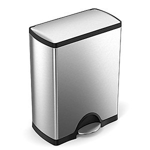 simplehuman Rectangular Dual Compartment Recycling Kitchen Step Trash Can, 46 Liter, Brushed Stainless Steel