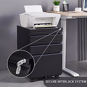RIDFY Rolling File Cabinet with Lock, 3-Drawer Office Storage Filing Cabinet for Letter Size, Steel Metal Filing Cabinet for Home Office,Lateral File Cabinet for Place The Printer,Black