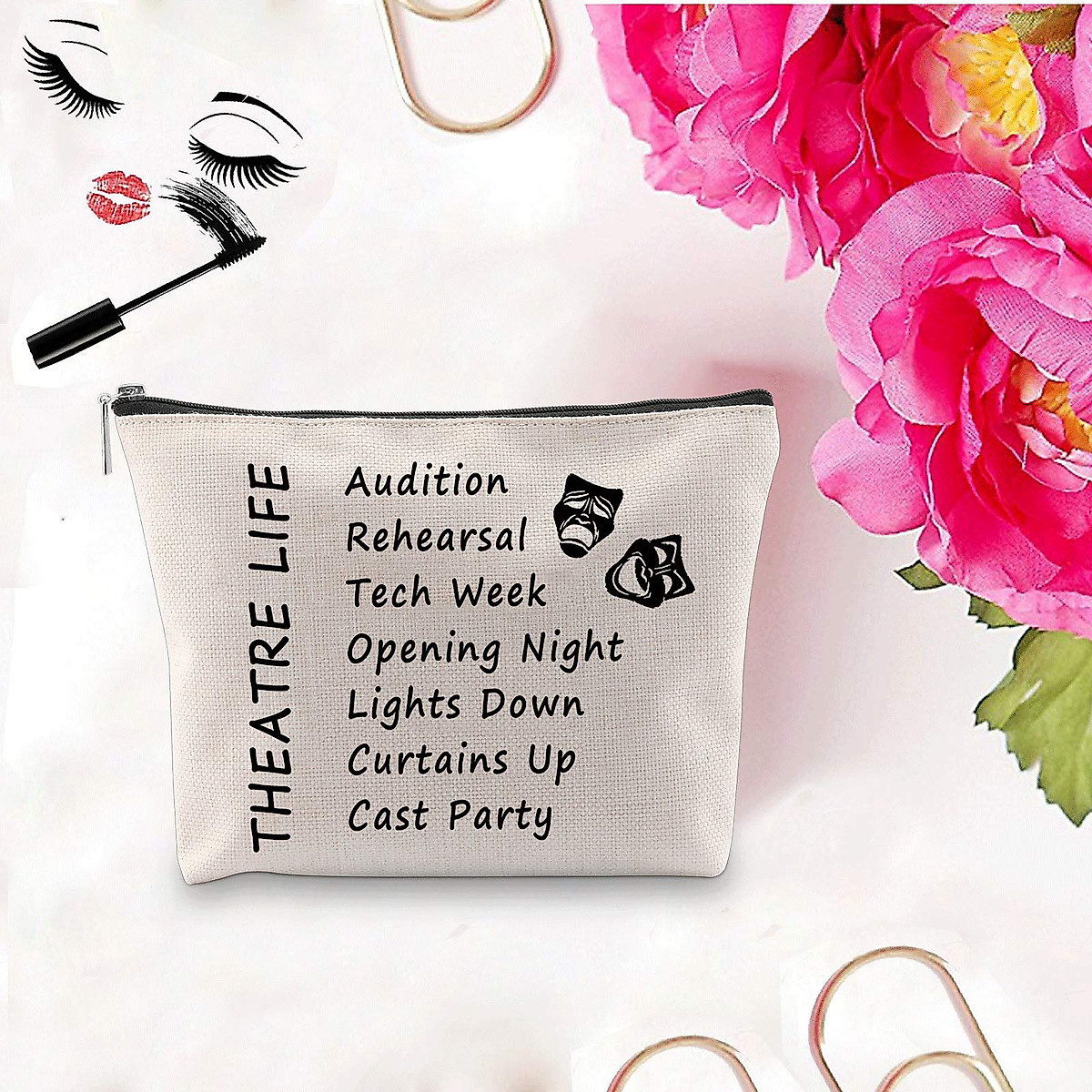 PXTIDY Theatre Life makeup Bag Drama Theater Gifts Comedy Tragedy Mask Theatre Drama Bag Drama Actor Actress Gifts Pouch(beige)