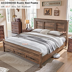 ACCOHOHO Farmhouse Queen Size Bed Frame with 52" Tall Full-Panel Headboard & Footboard, Queen Platform Bedframe with Storage Drawers, Wood Panel Bed Base, No Squeak, No Box Spring Needed, Light Brown