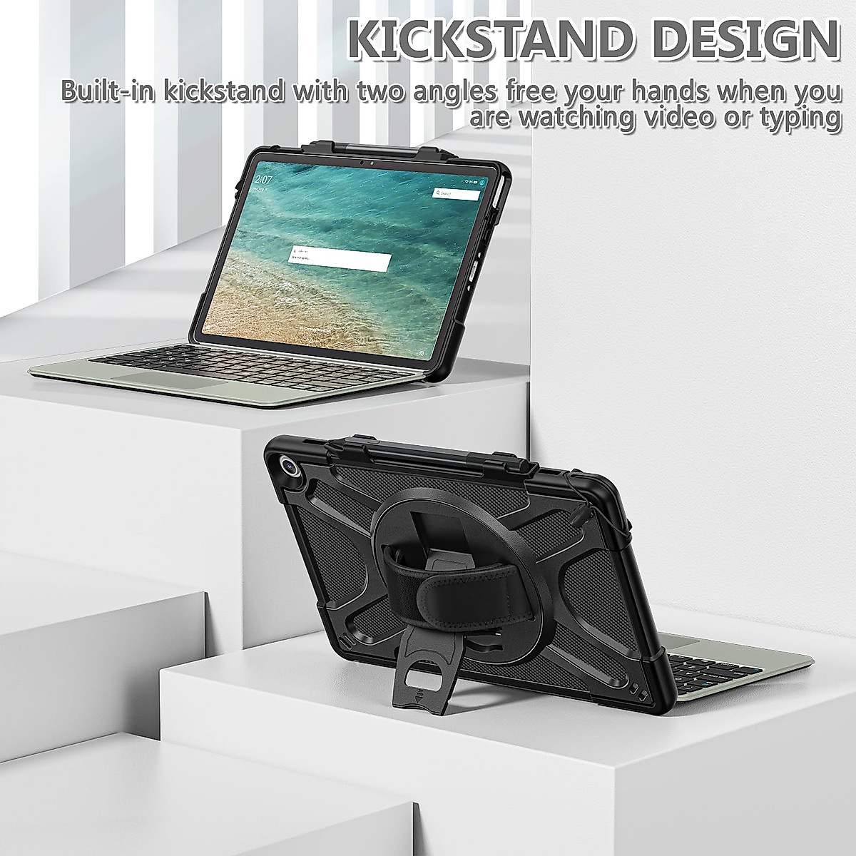 GooodiDEAR for Amazon Fire Max 11 Case (13th Gen 2023), Rugged Multi-Angle Kickstand, Heavy Duty Shockproof TPU Protection, Adjustable Hand Strap, Stylus Holder, Shoulder Strap, Elastic Band - Black