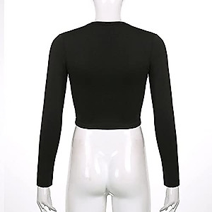 Women Y2K Long Sleeve Top Tee Sexy Graphic Print Shirt Rhinestone Slim Fit Blouse Tops Streewear (A-Balck,S)